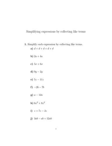 Simplifying expressions by collecting like terms worksheet (with ...