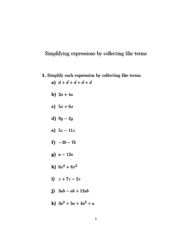 Simplifying expressions by collecting like terms worksheet (with ...