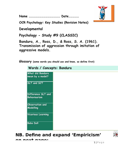 OCR A-Level Psychology: Core Study #9 Bandura et al. (1961) | Teaching ...