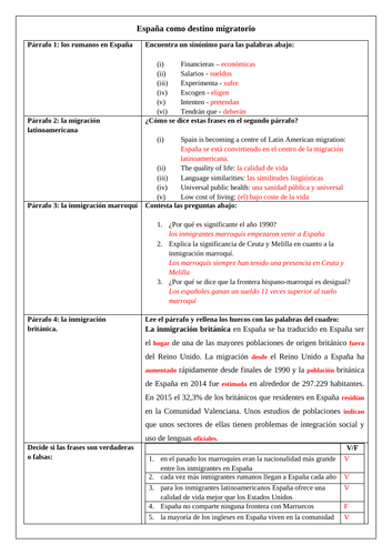 Spanish A Level immigration in Spain: inmigración reading, translation ...