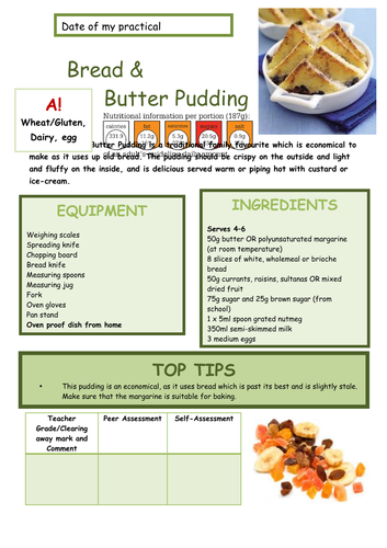 Bread and Butter Pudding FULL Recipe Sheet | Teaching Resources