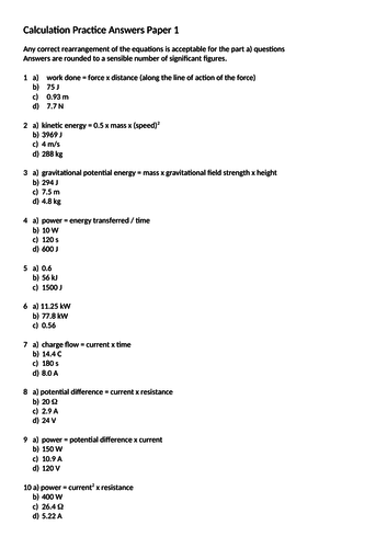 Calculation practise using equations for AQA GCSE physics | Teaching ...