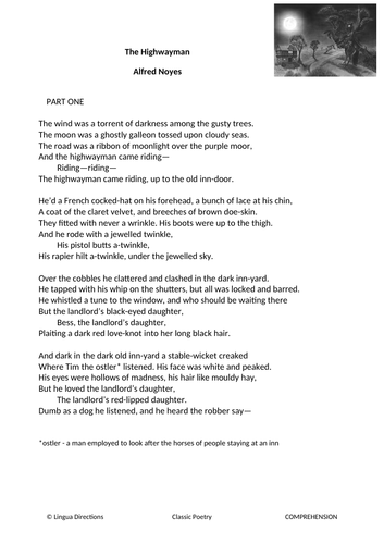 CLASSIC POEM COMPREHENSION. THE HIGHWAYMAN. ALFRED NOYES. WITH ANSWERS ...