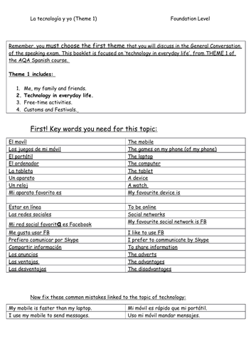 Revision GCSE Spanish Technology Writing and Speaking AQA | Teaching ...