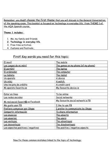 Revision GCSE Spanish Technology Writing and Speaking AQA | Teaching ...