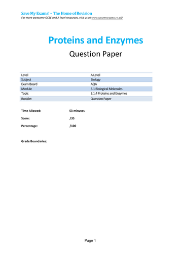 AQA A LEVEL BIOLOGY - ENZYMES EXAM QUESTION BANK | Teaching Resources