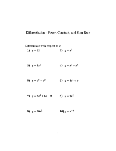 Differentiation - Power, Constant, and Sum Rule worksheet (with solutions) | Teaching Resources