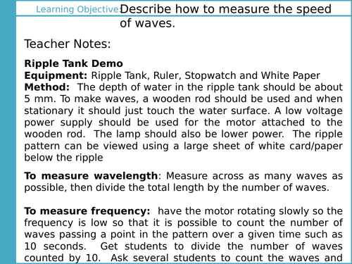 AQA GCSE: P12 Waves: L3 Measuring Speed of Waves in Liquids: Required ...