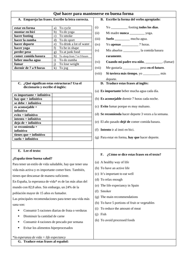 Spanish GCSE Healthy Living - la vida sana. Whole lesson resource ...