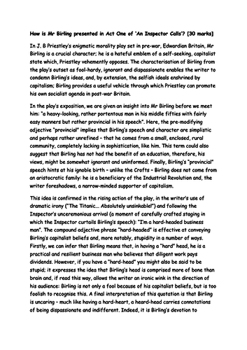 Grade 9 essay: Mr Birling in Act One ('An Inspector Calls') | Teaching ...