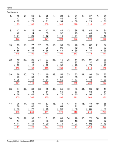 1000 questions Mathematics KS2 Multiple Addends 2 Digit Numbers ...