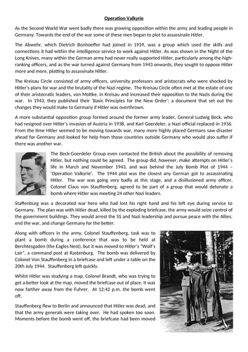 Operation Valkyrie: The July Bomb Plot | Teaching Resources