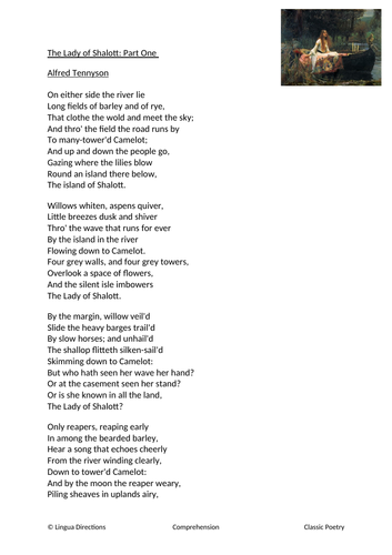 CLASSIC POEM COMPREHENSION. THE LADY OF SHALOTT. WITH ANSWERS ...