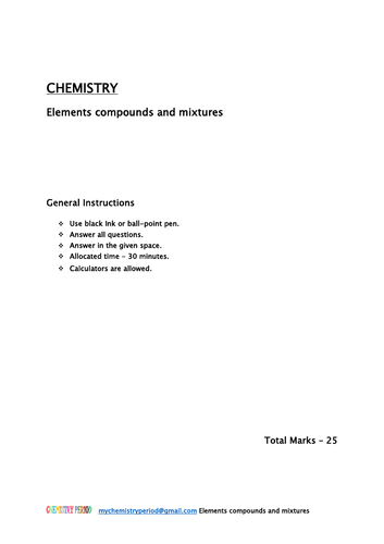 Chemistry -Elements, Compounds and Mixtures year 7/8 | Teaching Resources