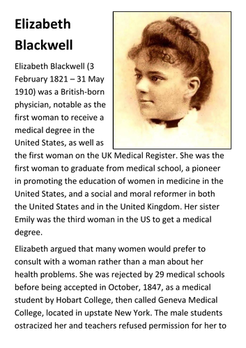 Elizabeth Blackwell Handout | Teaching Resources