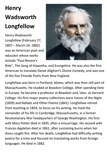 Henry Wadsworth Longfellow Handout | Teaching Resources