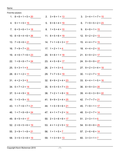 1000 Questions Addition Mathematics KS1 Adding Up | Teaching Resources