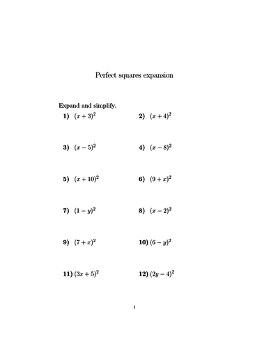 Perfect squares expansion worksheet (with solutions) | Teaching Resources