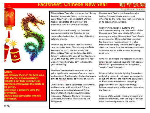 Chinese New Year Factsheet Sheet Keywords KS3 Settler Starter Activity ...
