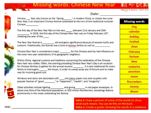 Chinese New Year Missing Words Cloze Sheet Keywords KS3 Settler Starter ...