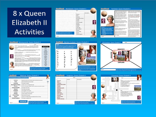 8 x Queen Elizabeth II Starter Activities Keywords Wordsearch Crossword ...