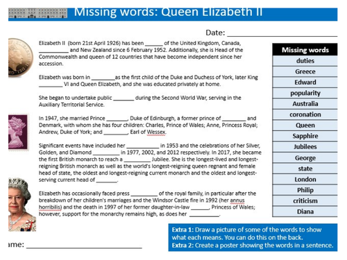 Queen Elizabeth II Missing Words Cloze Sheet Keywords KS3 Settler ...