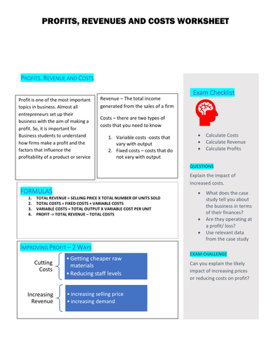 Revision notes profits, costs and revenues | Teaching Resources