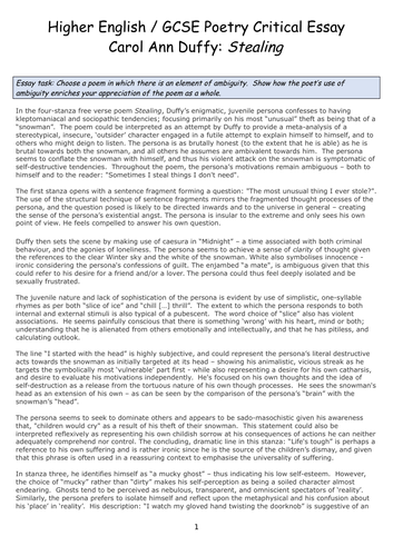 Higher English / GCSE Critical Essay on Carol Ann Duffy's 'Stealing ...