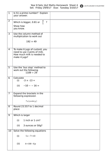 Year 8 Higher Maths Homework Sheets | Teaching Resources