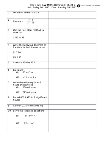 Year 8 Higher Maths Homework Sheets | Teaching Resources