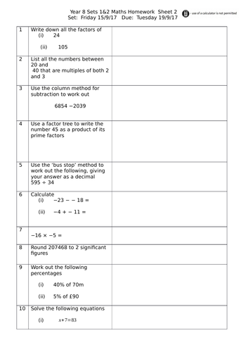 Year 8 Higher Maths Homework Sheets | Teaching Resources