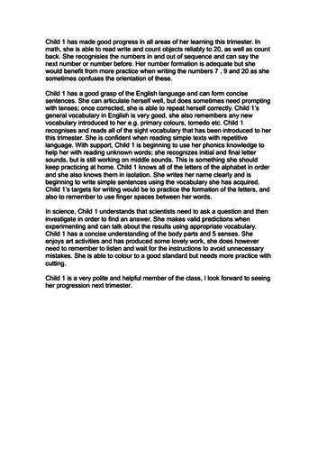 Kinder/ ESL/ Reception report card comments | Teaching Resources