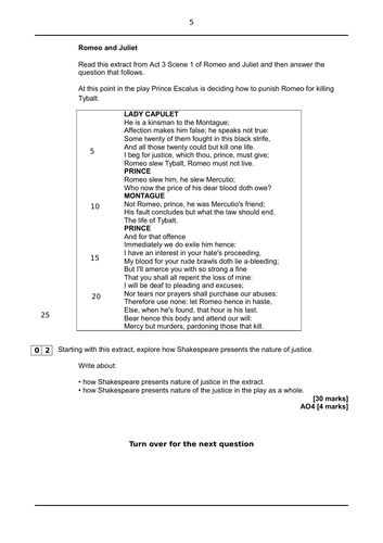 AQA English Literature - Paper 1 - Mock Romeo and Juliet Questions | Teaching Resources