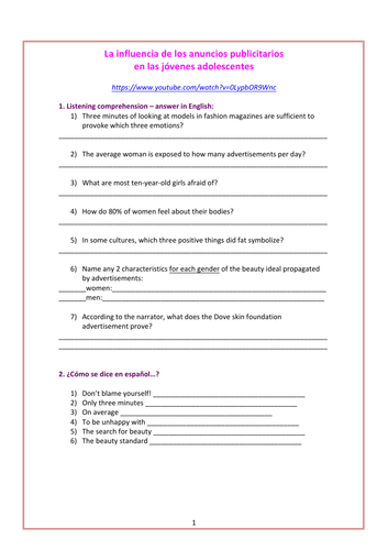Influencia de los ídolos video comprehension - modelos y belleza | Teaching Resources