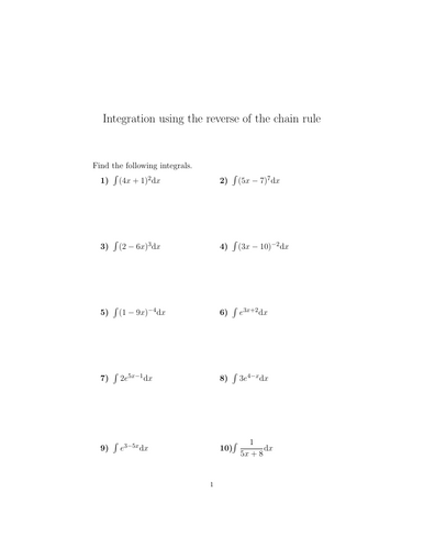 Integration using the reverse of the chain rule worksheet (with ...