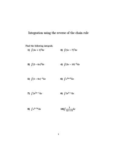 Integration using the reverse of the chain rule worksheet (with ...