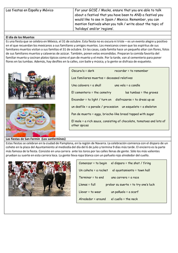 Revision Spanish GCSE Festivals and Culture Spain Mexico and UK AQA ...