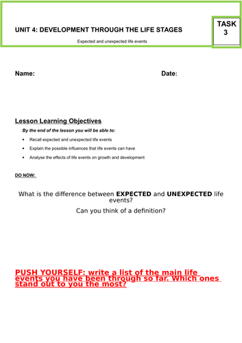 Expected and Unexpected life events | Teaching Resources