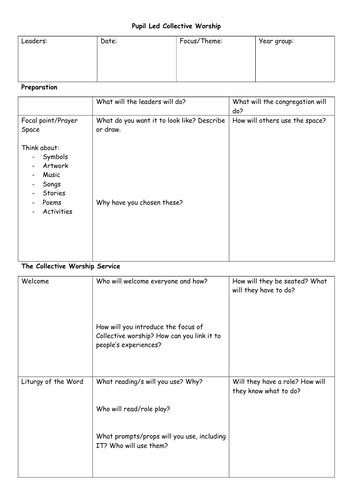 Pupil Led Collective Worship KS2 planning template | Teaching Resources