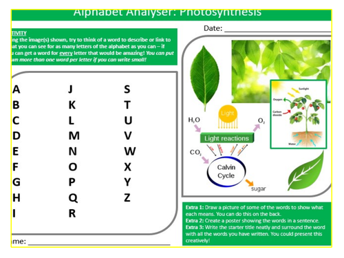 Photosynthesis Alphabet Analyser Sheet Keywords KS3 Settler Starter ...