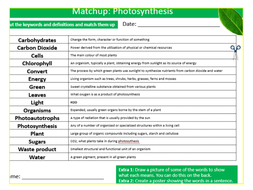 Photosynthesis Matchup Definitions Sheet Keywords KS3 Settler Starter ...