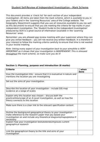OCR Geography Project Mark Scheme | Teaching Resources