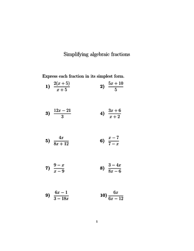 Simplifying algebraic fractions worksheet no 2 (with solutions ...