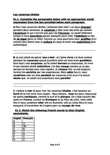 Les vacances - Vocabulary, grammar, reading comprehension | Teaching ...