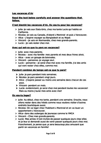 Les vacances - Vocabulary, grammar, reading comprehension | Teaching ...