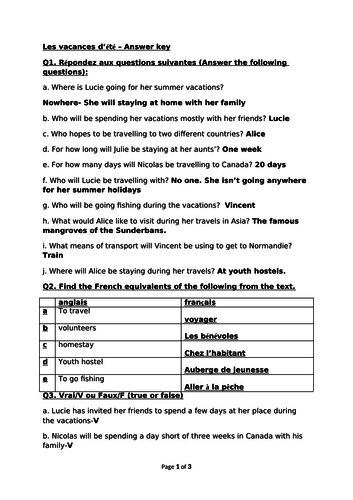 Les vacances - Vocabulary, grammar, reading comprehension | Teaching ...