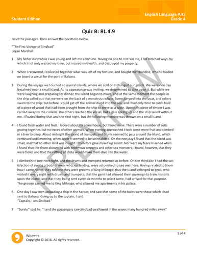 RL.4.9 - Quiz and Answer Guide | Teaching Resources