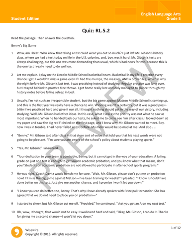 RL.5.2 - Quiz and Answer Guide | Teaching Resources