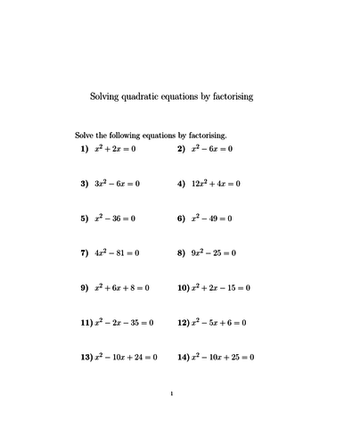 Solving quadratic equations by factorising worksheet no 2 (with ...