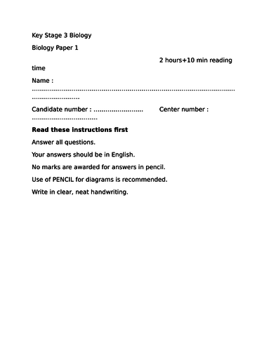 Key Stage 3 Science Biology Assessment | Teaching Resources
